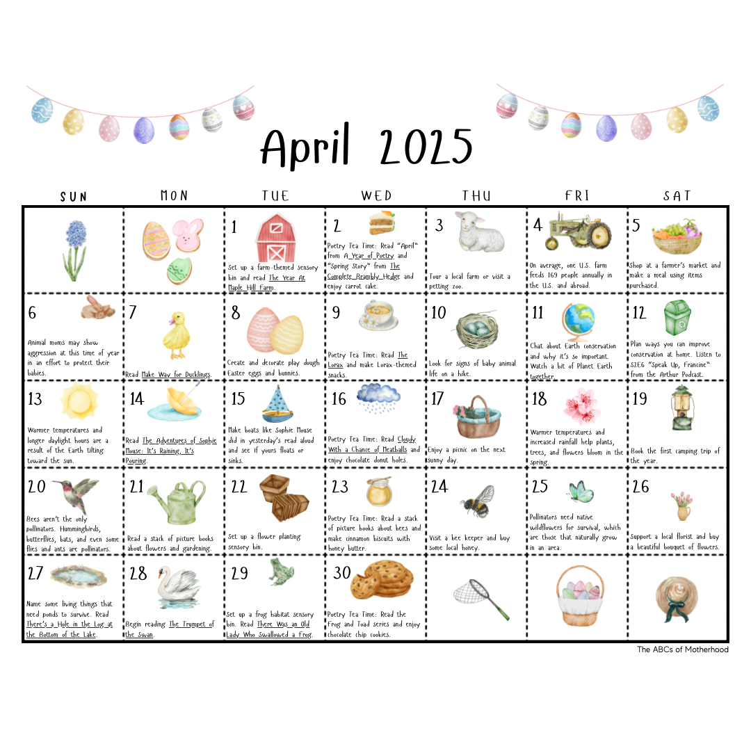 Grab Your FREE April Nature Calendar and Booklist - Raised On Read-Alouds