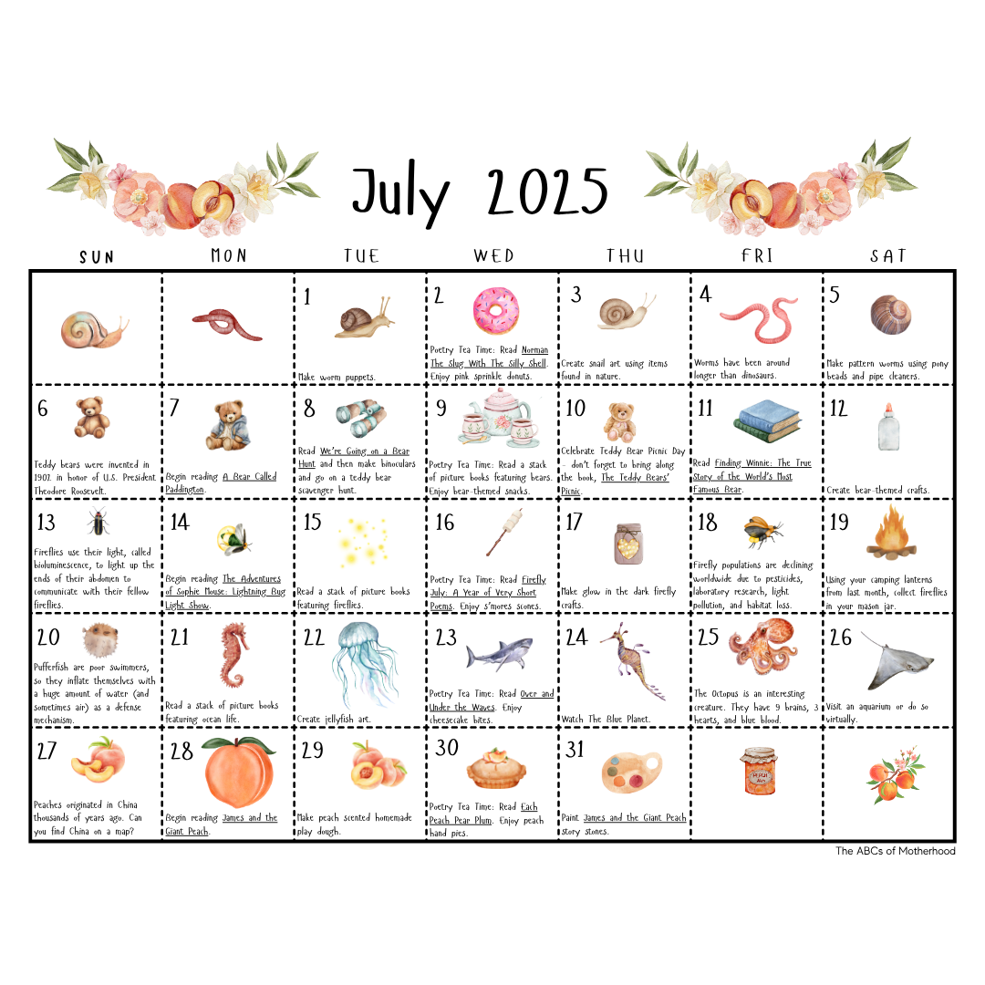 Grab Your FREE July Nature Calendar and Booklist - The ABCs of Motherhood